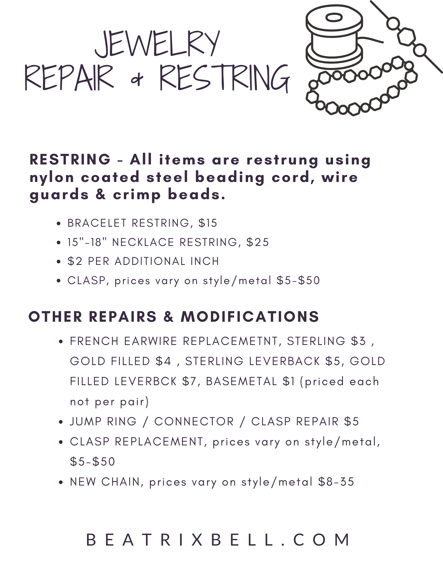 Price Menu for Repairs & Restrings – Beatrixbell Handcrafted